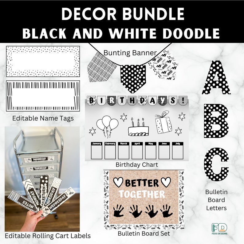 Black and White Doodle Classroom Decoration Bundle, Printable Classroom ...