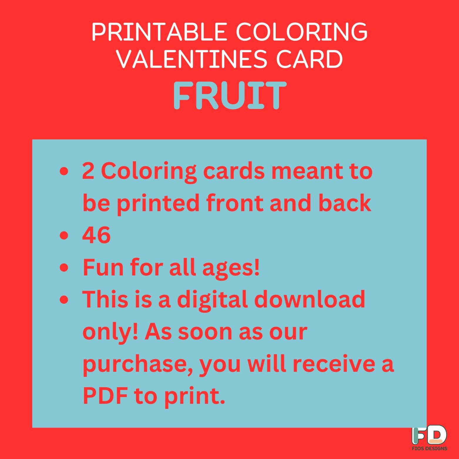 Printable Fruit Themed Coloring Valentines Card, School Valentines ...