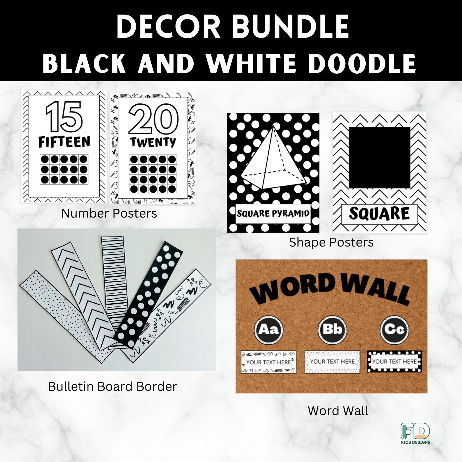 Black and White Doodle Classroom Decoration Bundle, Printable Classroom ...