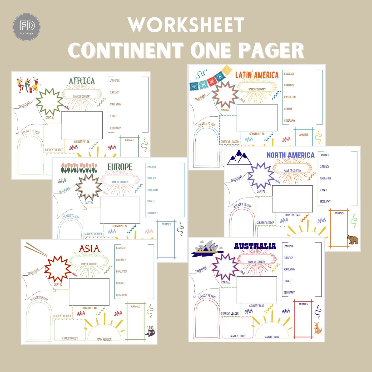 Continent Printable Worksheet Posters - Etsy