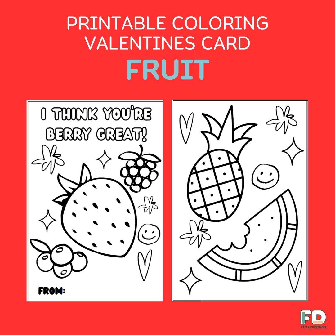 Printable Fruit Themed Coloring Valentines Card, School Valentines ...