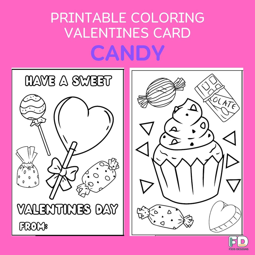 Printable Candy Themed Coloring Valentines Card, School Valentines ...