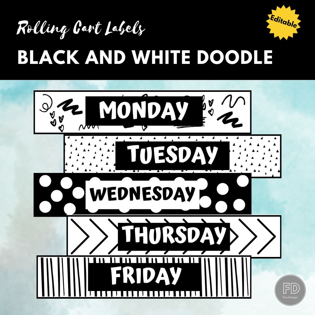 Black and White Doodle Rolling Cart Labels, 10 Drawer Rolling Cart ...