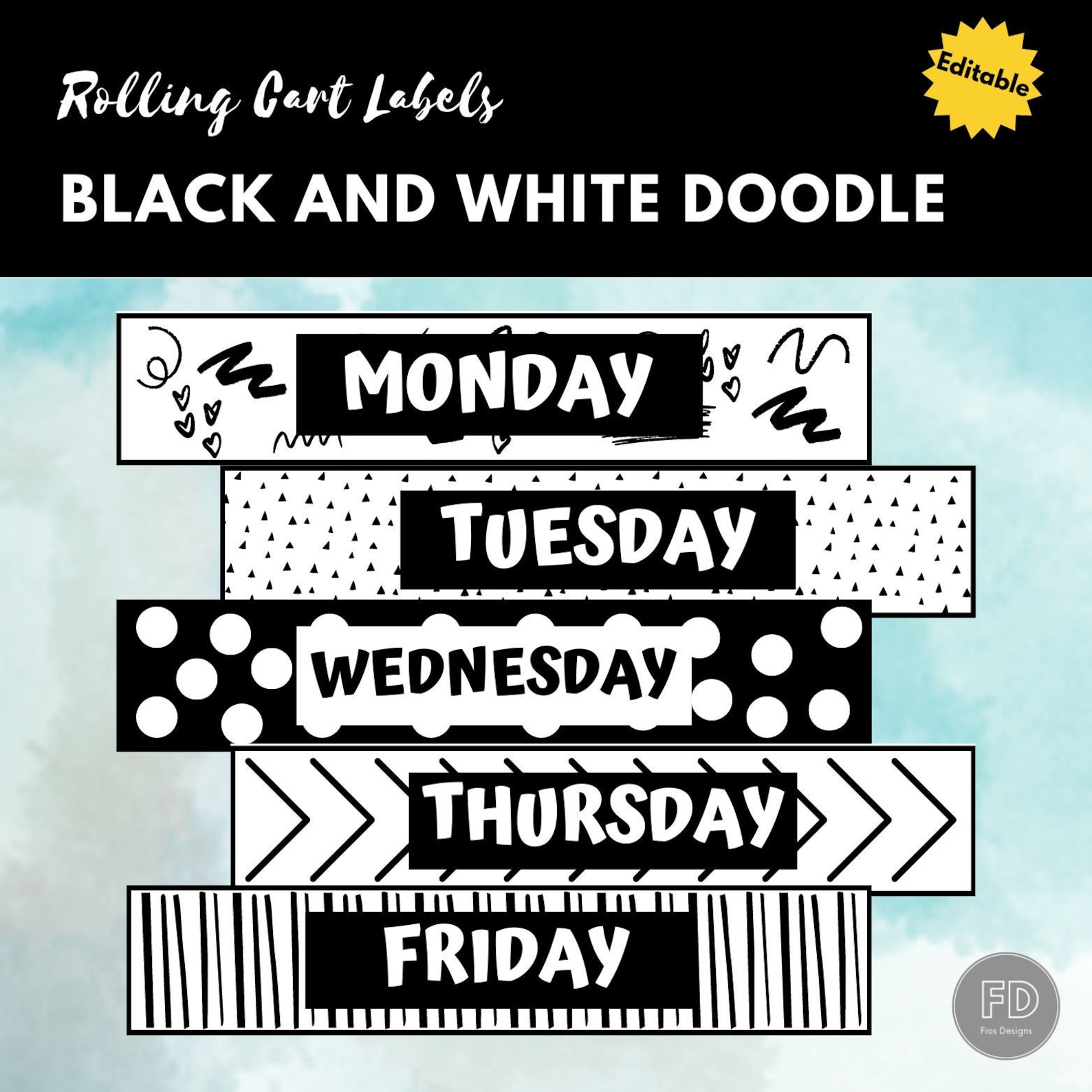 Black and White Doodle Rolling Cart Labels, 10 Drawer Rolling Cart ...