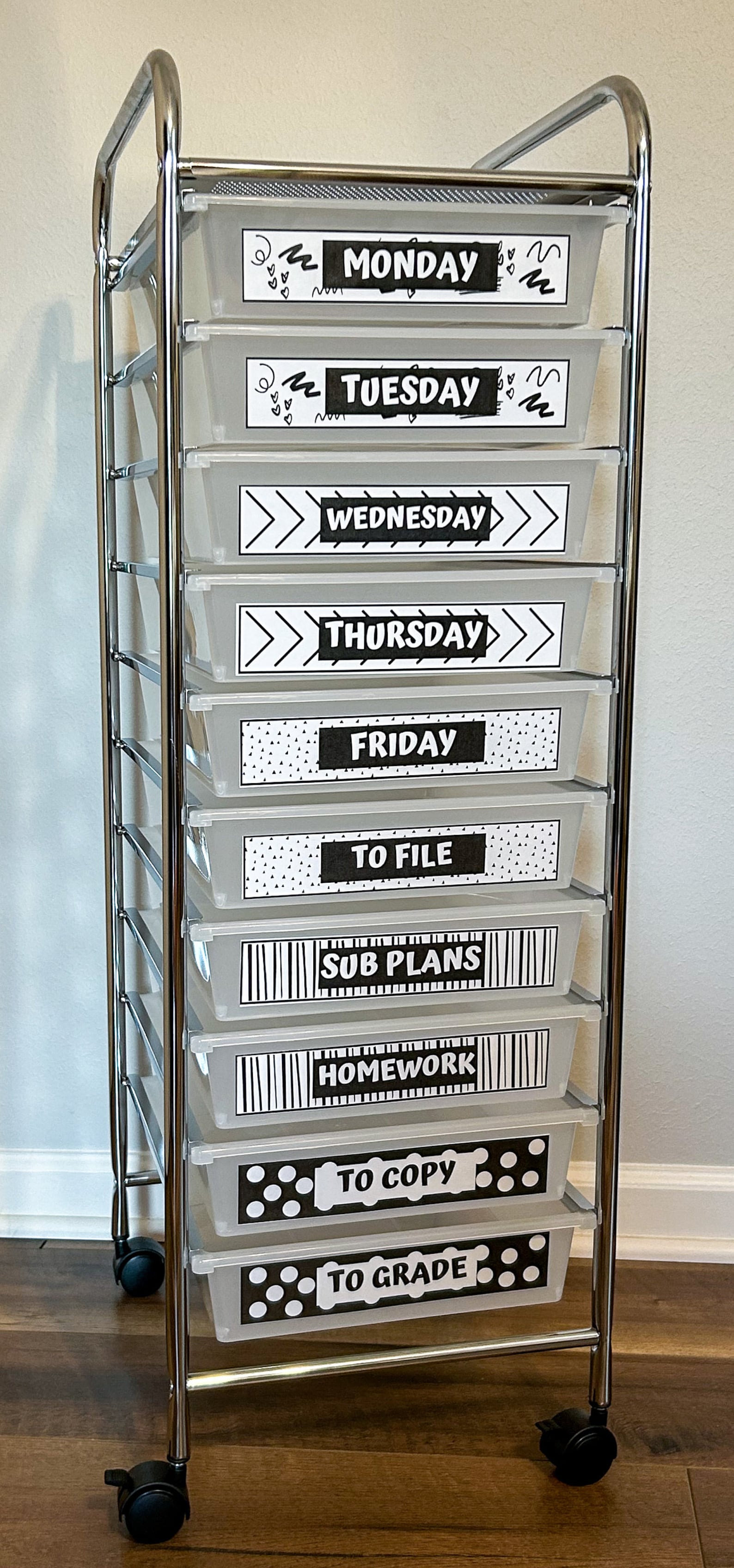 Black and White Doodle Rolling Cart Labels, 10 Drawer Rolling Cart ...