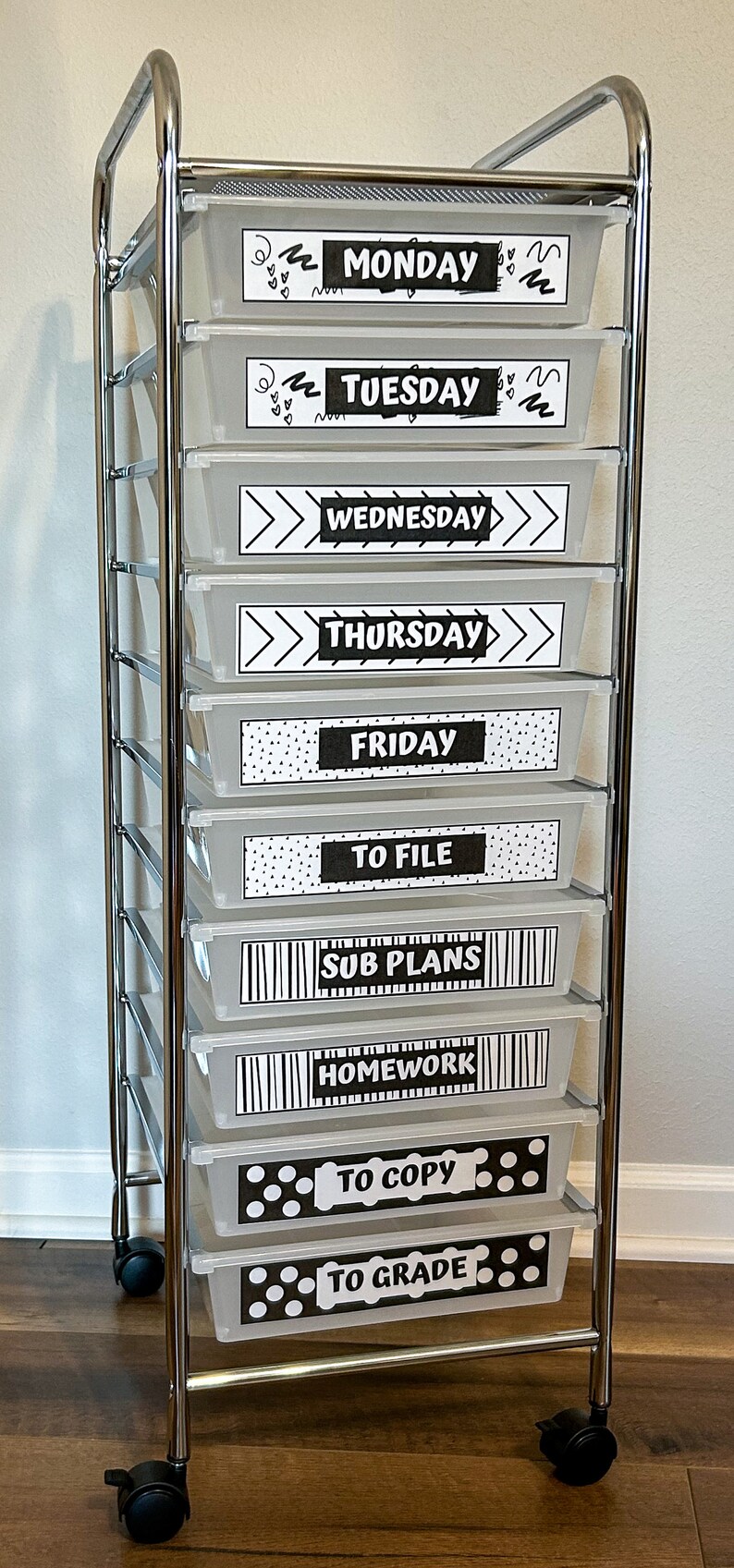 Black and White Doodle Rolling Cart Labels, 10 Drawer Rolling Cart ...