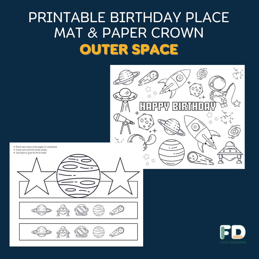 Printable Outer Space Birthday Coloring Sheet Placemat and Paper Crown ...