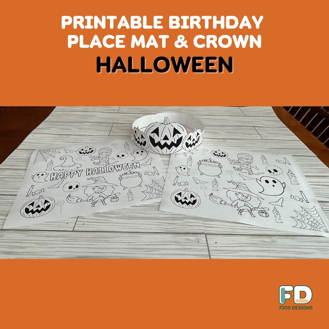 Printable Halloween Coloring Sheet Placemat and Paper Crown, Digital ...