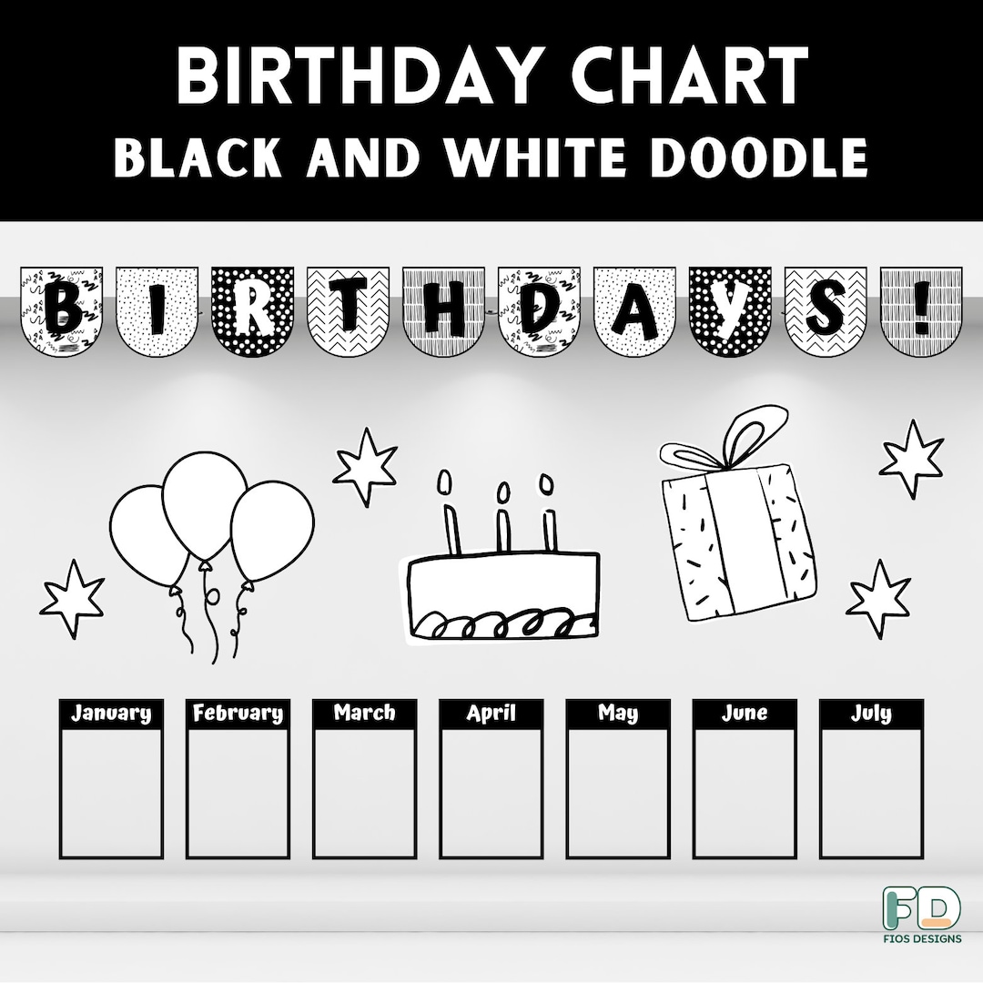 Black and White Doodle Birthday Chart, Printable, Easy Classroom ...