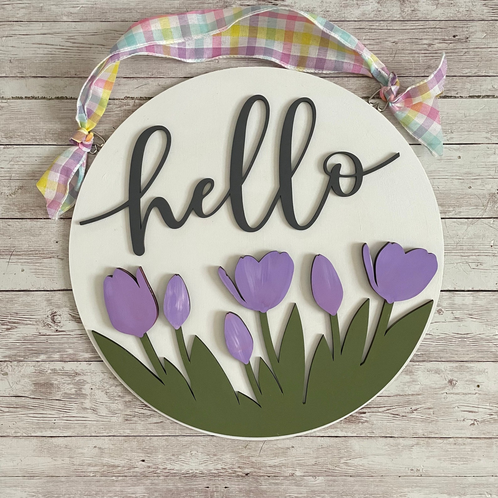 Hello Spring Tulip Sign 12” / 16” / 18” Round Wood Sign | Spring Door ...