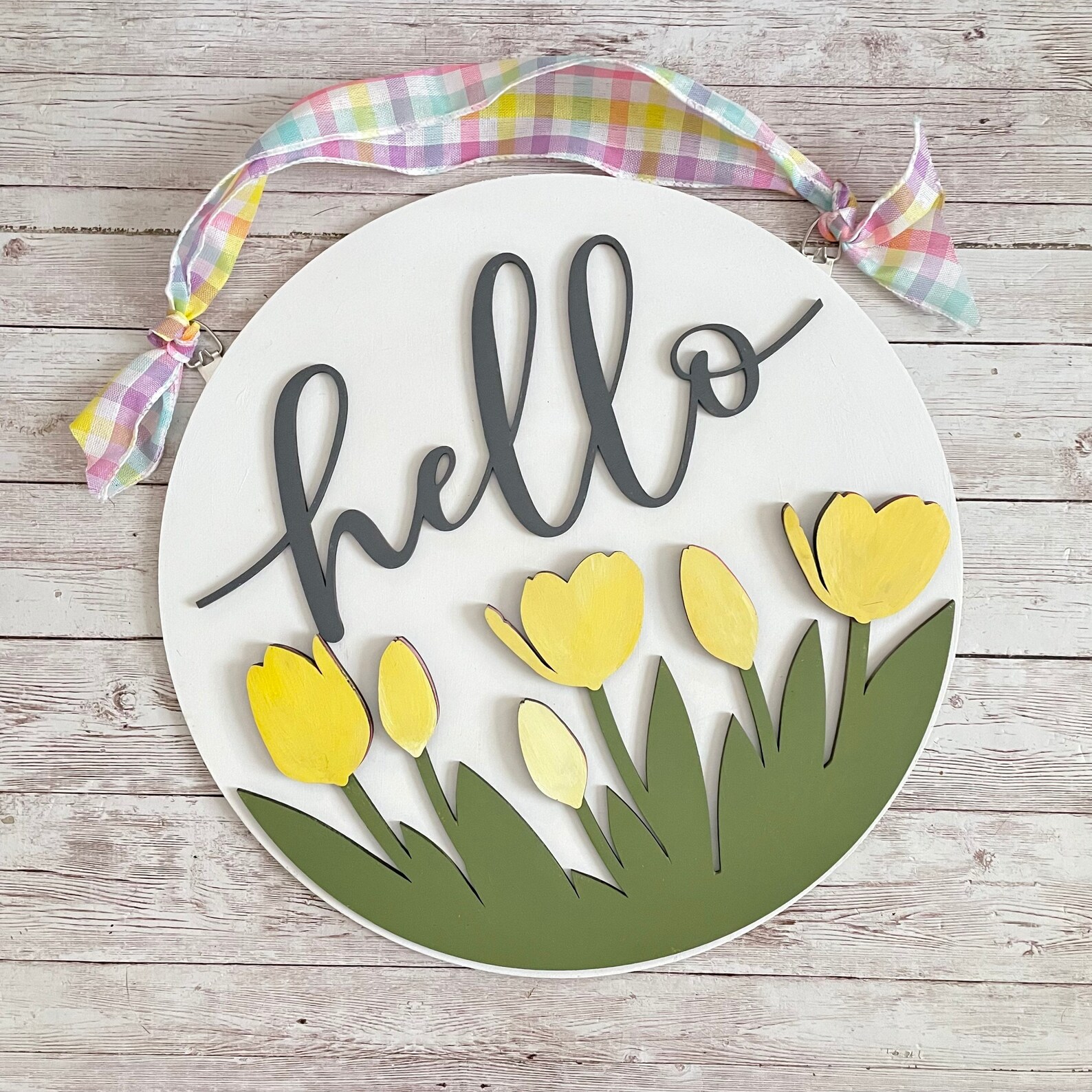 Hello Spring Tulip Sign 12” / 16” / 18” Round Wood Sign | Spring Door ...