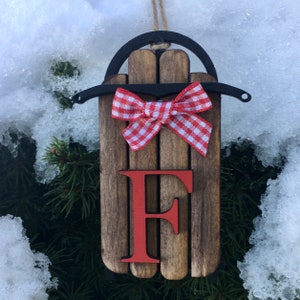 Wood Sled Ornament | Monogram Ornament | Sled With Bow Ornament With ...