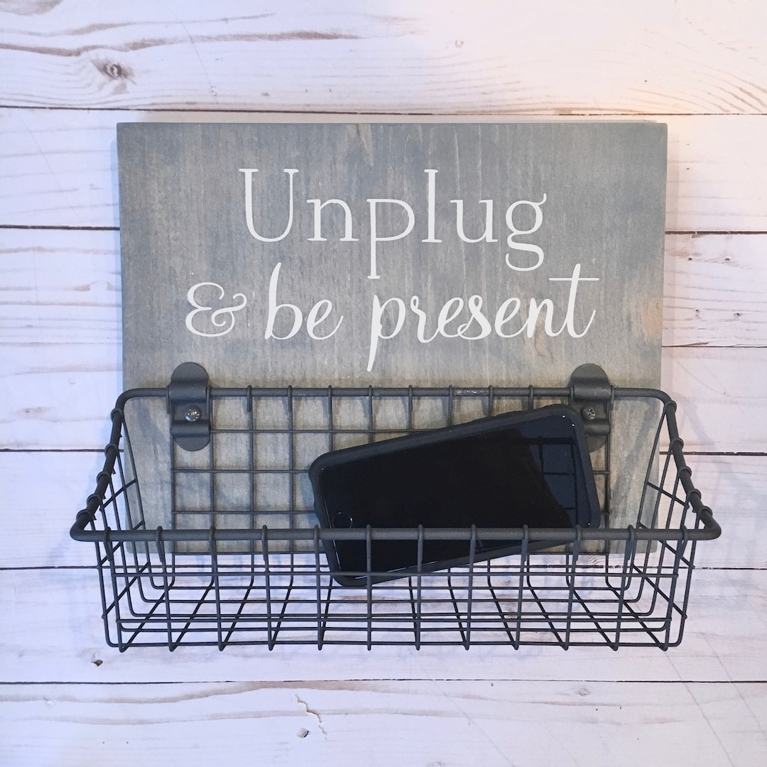 Unplug & Be Present Phone Basket | No Phone Rule Wood Sign With ...