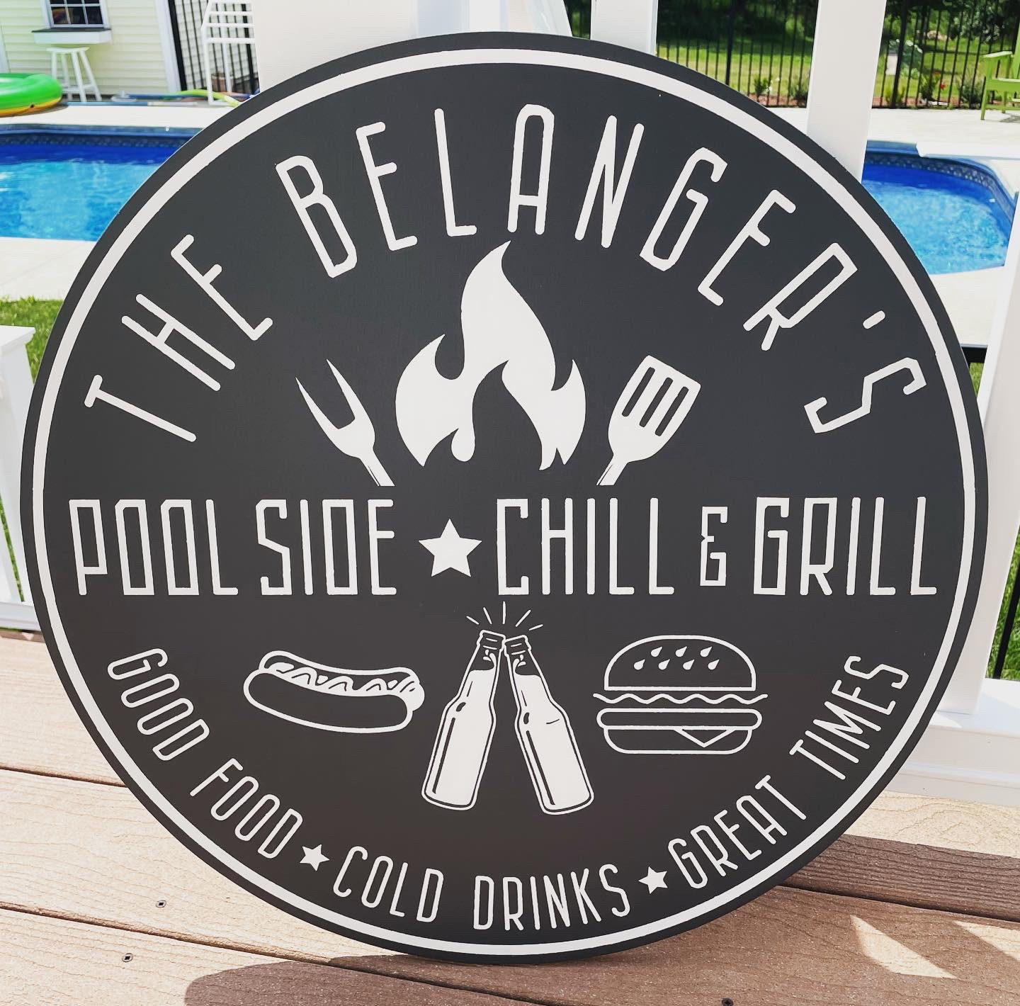 Custom Family Pool Round Wood Sign / Family Last Name Pool - Etsy