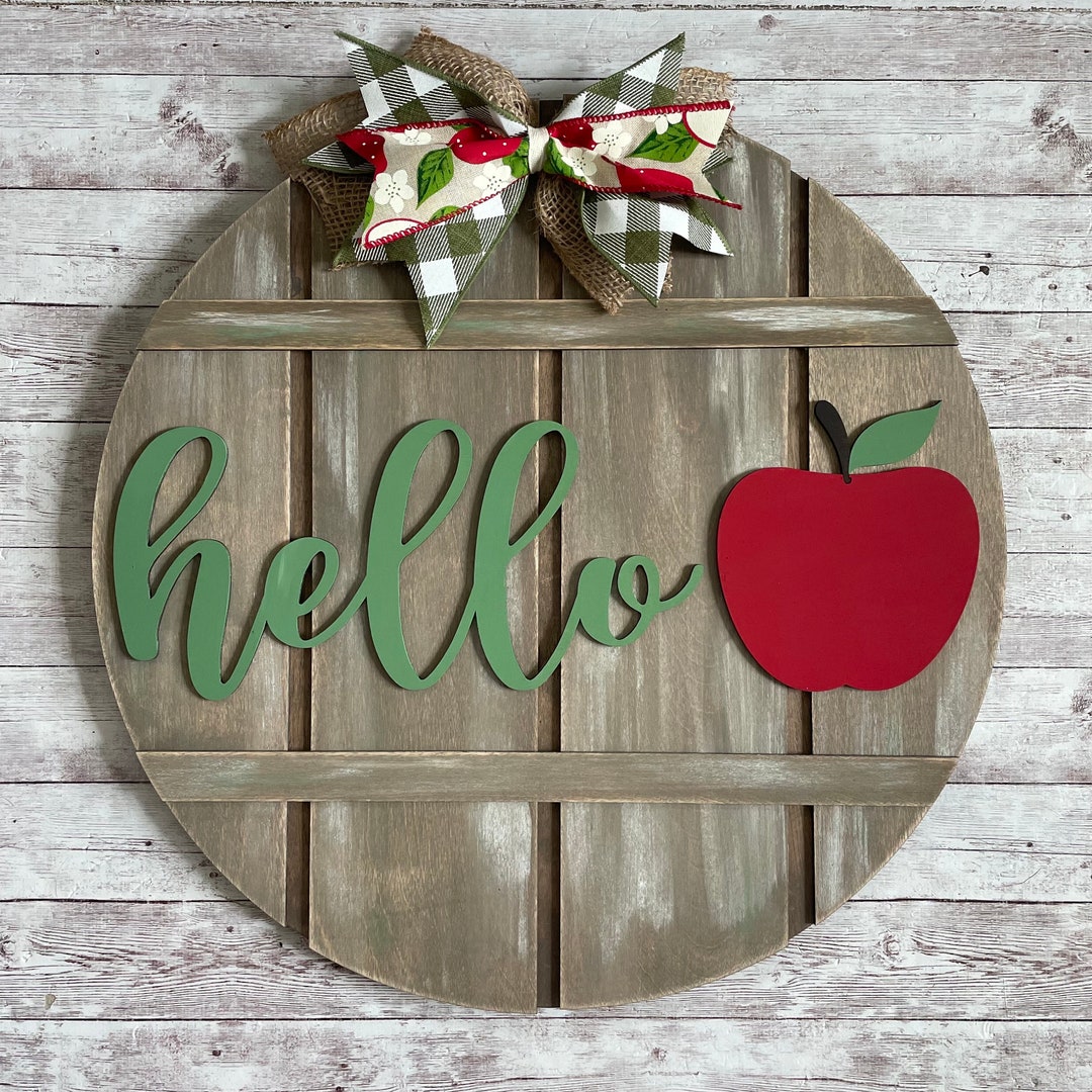 Hello Apple or Pumpkin Sign 12” / 16” / 18” Round Wood Sign | Fall Door ...