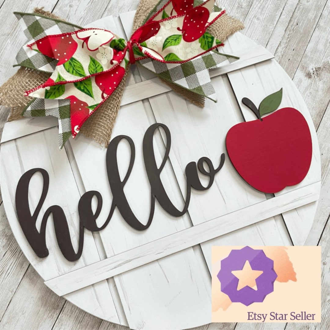 Hello Apple Sign 12” / 16” / 18” Round Wood Sign | Fall Door Idea ...