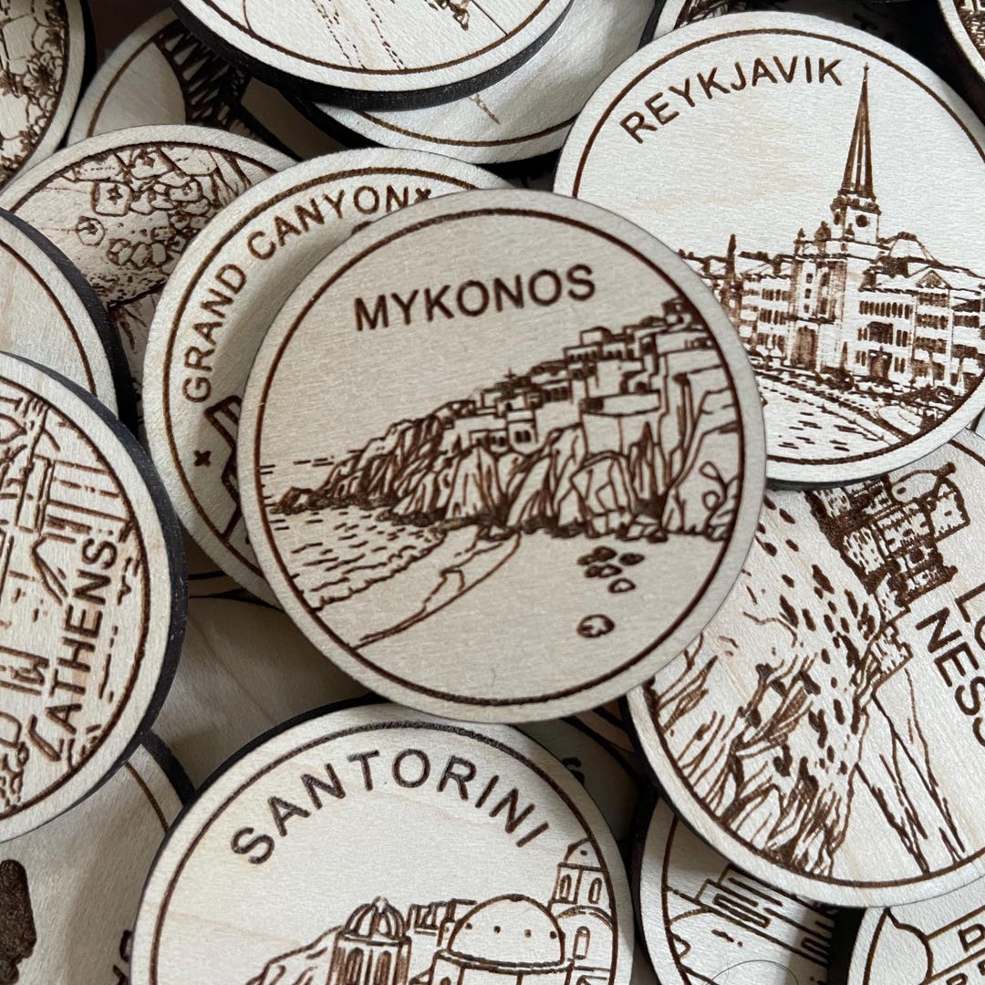 Mykonos Travel Token or Magnet or Ornament: Engraved Wood Destination ...
