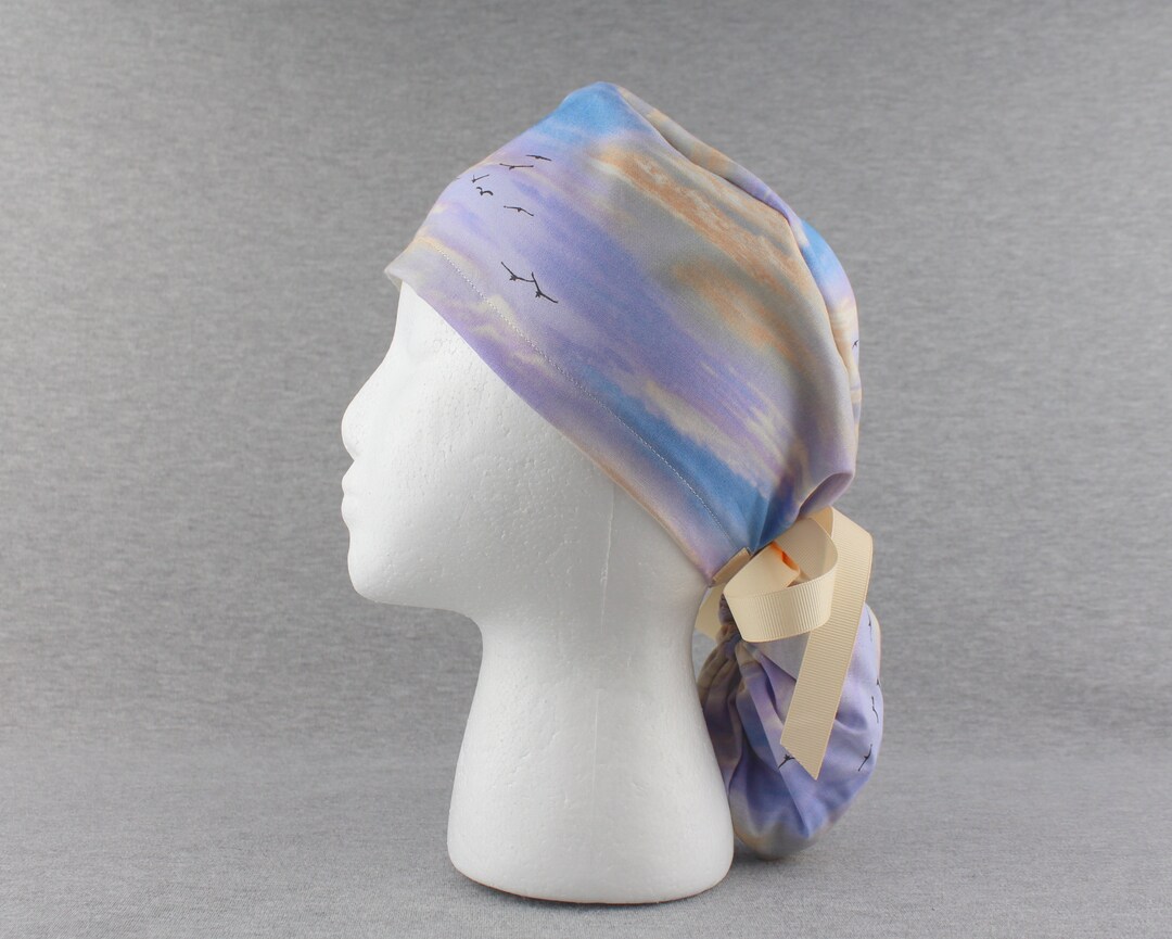 Birds Flying in the Sunset Ponytail Scrub Hat, Surgical Scrub Cap ...