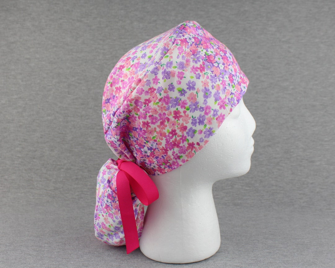 Pink and Purple Flowers Ponytail Scrub Hat, Surgical Scrub Cap, Chefs ...