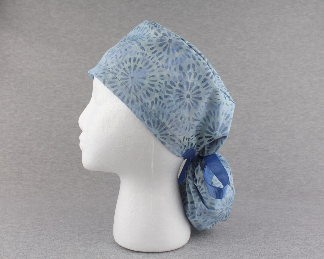 Blue Round Bursts Ponytail Scrub Hat, Surgical Scrub Cap, Chefs Hat ...