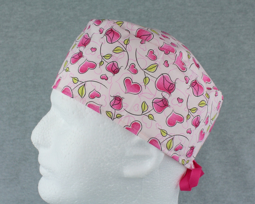 Pink Hearts and Roses Surgical Cap, Scrub Hat or Chemo Hat With a Red ...