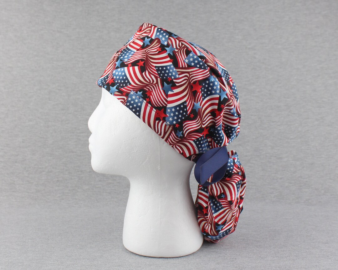 3D American Flags Ponytail Scrub Hat, Surgical Scrub Cap, Chefs Hat ...