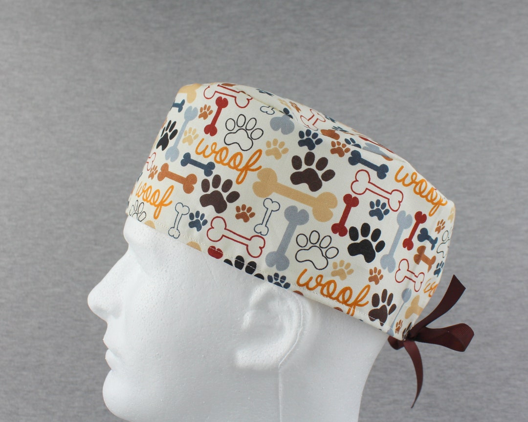 Woof Dog Paws and Bones Ribbon Tieback Scrub Hat, Surgical Hat, Chefs ...