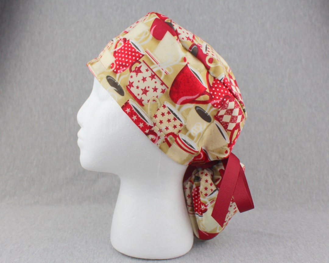 Coffee Cups Ponytail Scrub Hat, Surgical Scrub Cap, Chefs Hat, Headgear ...