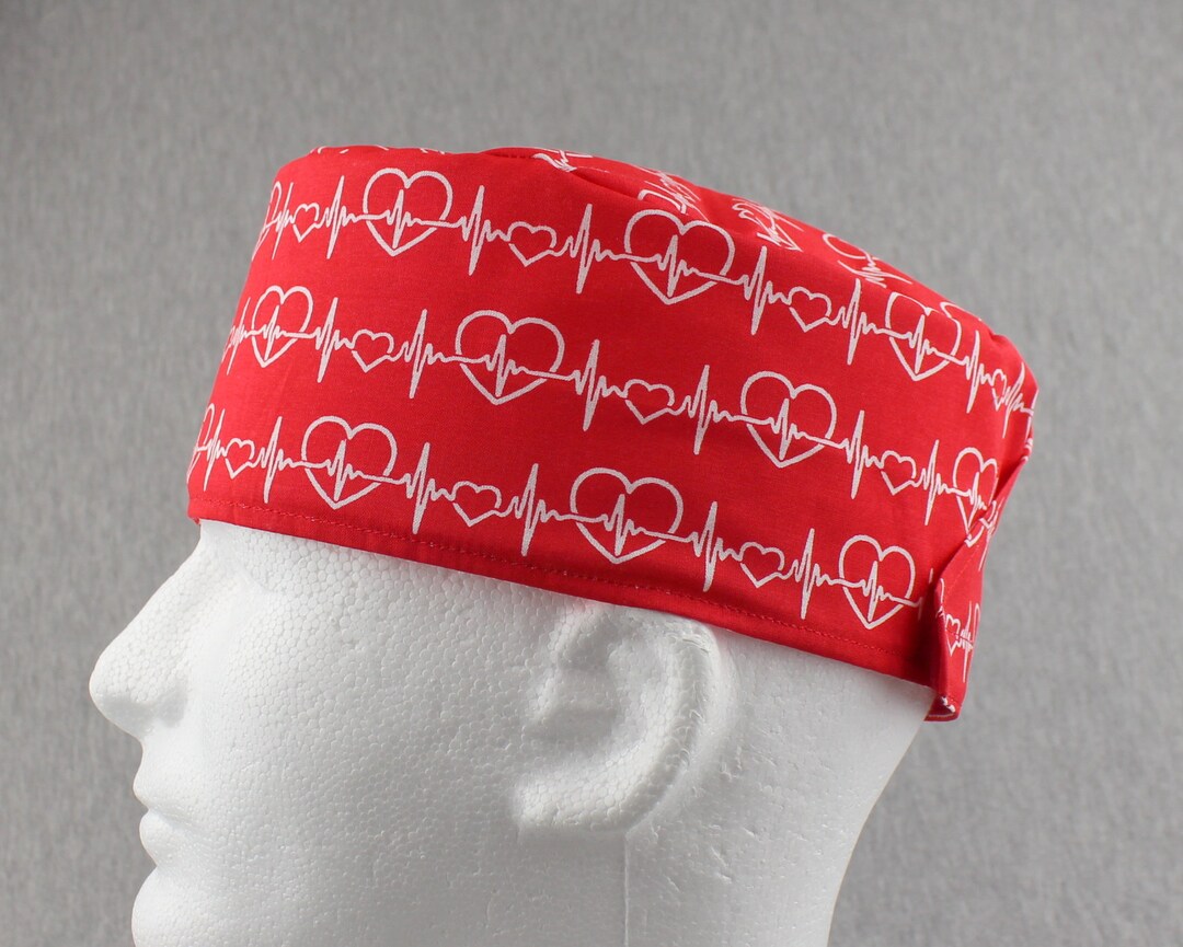 Heart Ekg Hook&loop Surgical Hat, Scrub Hat, Chefs Hat, Head Cover Cap ...