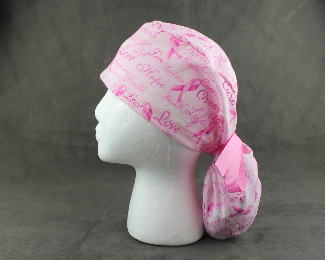 Encouragement Ribbon Ponytail Scrub Hat, Surgical Scrub Cap, Chefs Hat ...