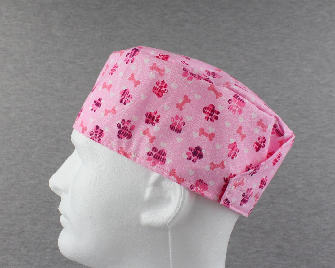 Pink Dog Paws and Bones Hook&loop Surgical Hat, Scrub Hat, Chefs Hat ...