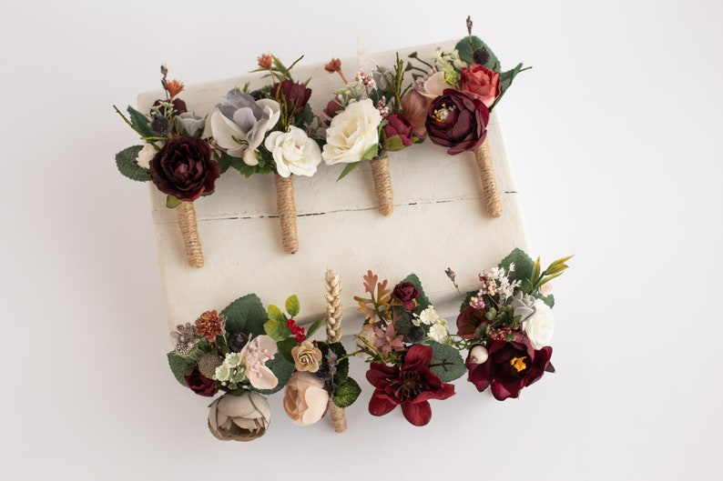 Boutonniere, Burgundy Groomsmen Buttonhole, Grooms Boutonniere Set ...