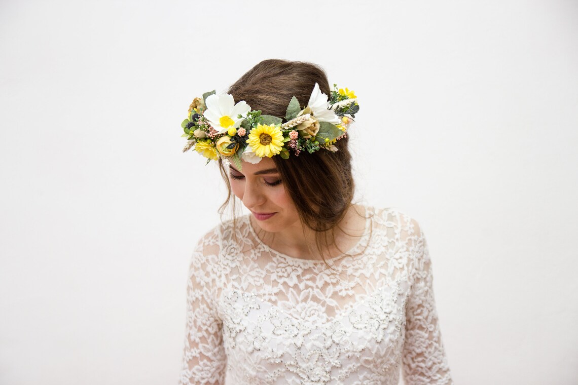 Rustic flower crown Woodland crown Yellow country wedding | Etsy