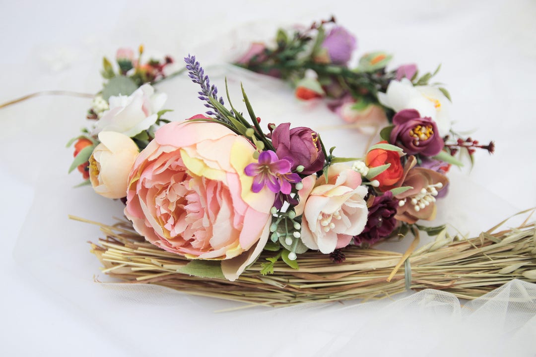 Pastel Flower Crown, Peach Floral Crown, Bridal Flower Crown, Floral ...