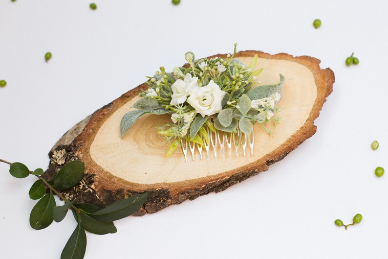 White Flower Comb Greenery Hair Comb Pale Green Comb Rustic - Etsy