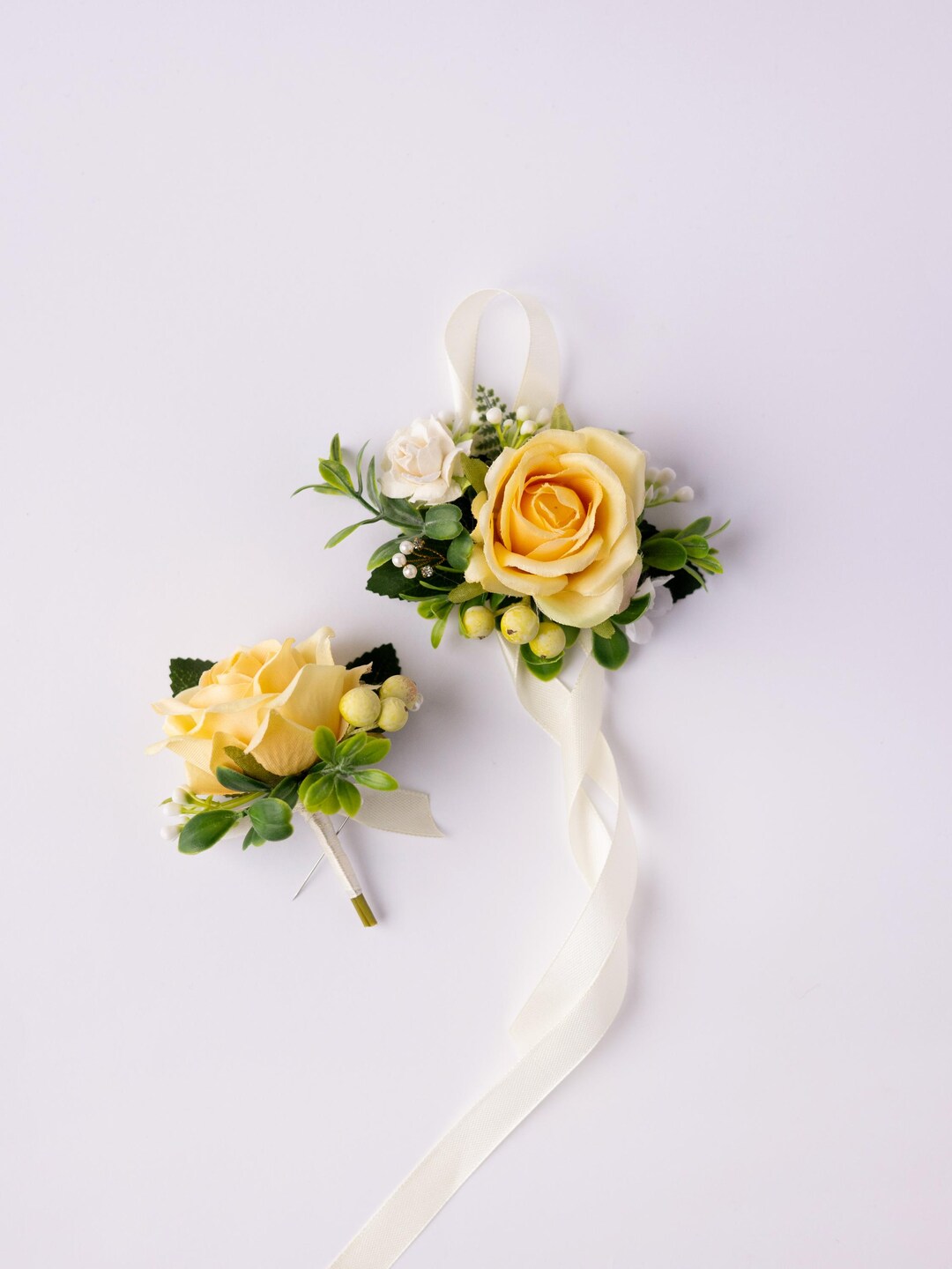 Yellow Prom Corsage and Boutonniere Set, Rose Bridal Wrist Corsage ...