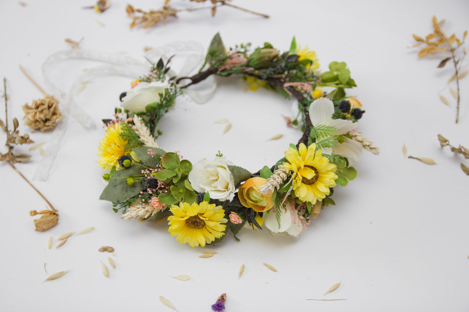Rustic flower crown Woodland crown Yellow country wedding | Etsy