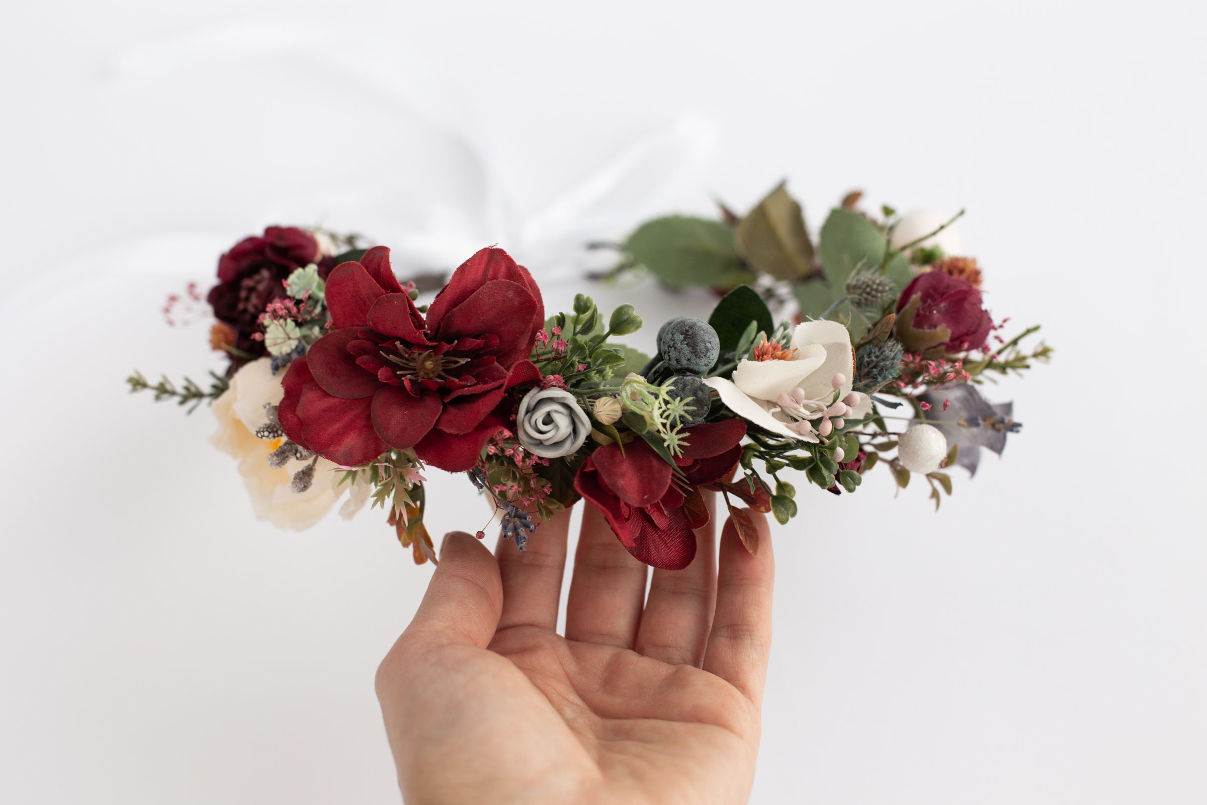 Burgundy Navy Flower Crown, Rustic Flower Crown, Burgundy Floral Crown ...