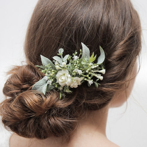 White Flower Comb Greenery Hair Comb Pale Green Comb Rustic | Etsy