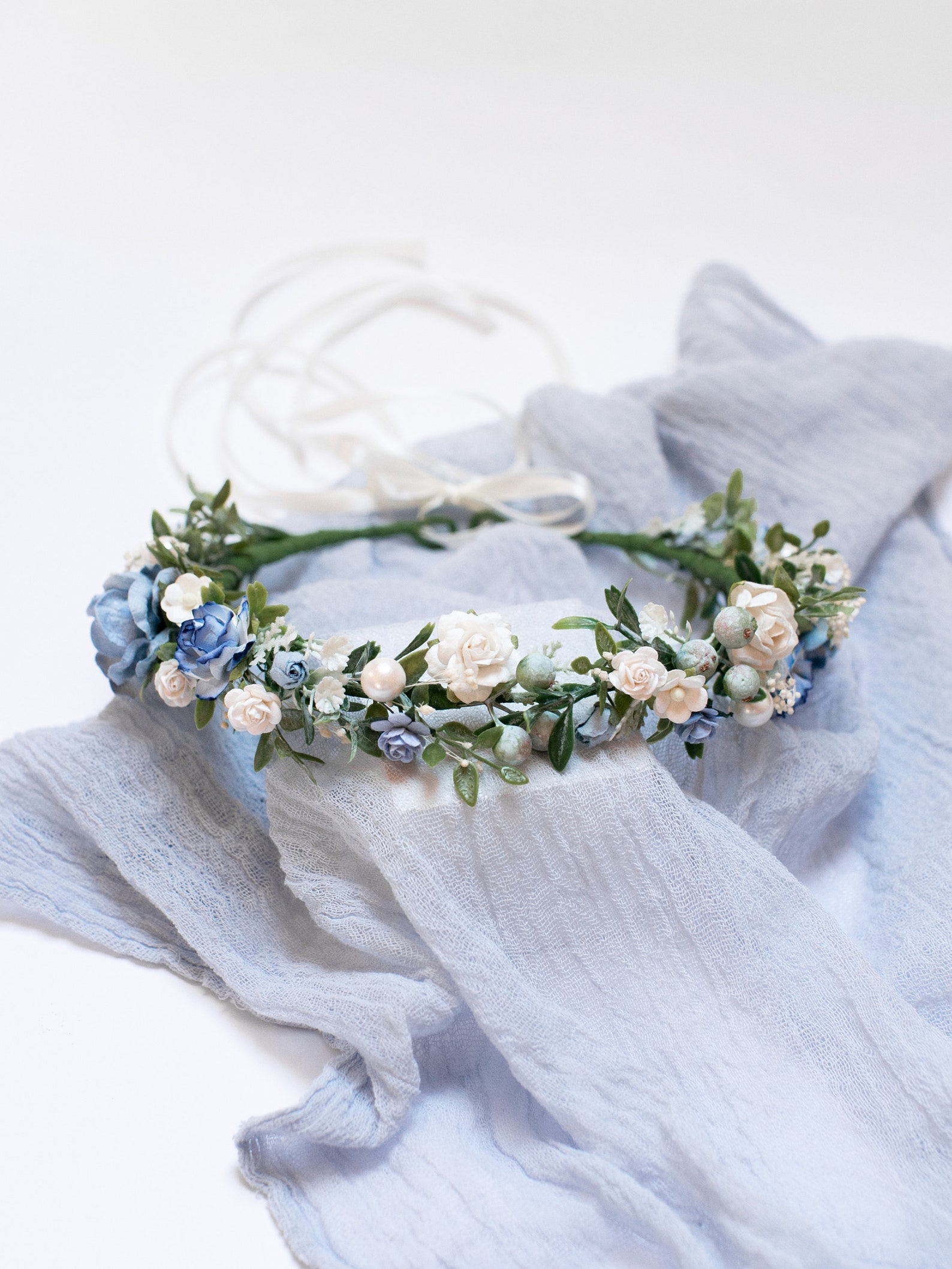 Rustic Flower Crown, Blue Wedding Hairpiece, Bridesmaid Crown, White ...