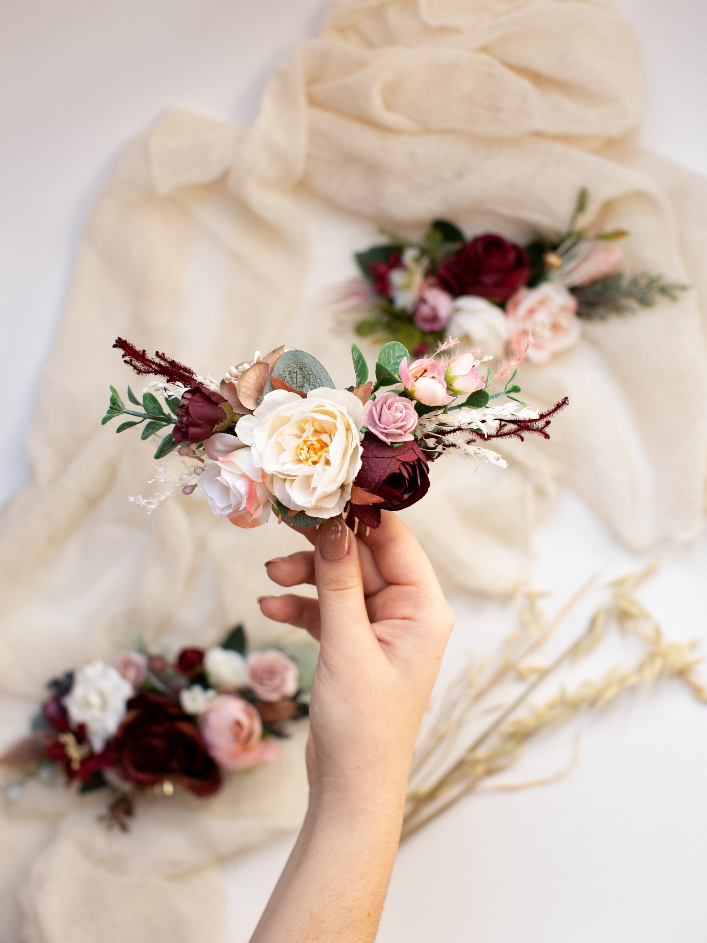 Bridal Flower Comb Burgundy Floral Comb Ivory Flower Comb | Etsy