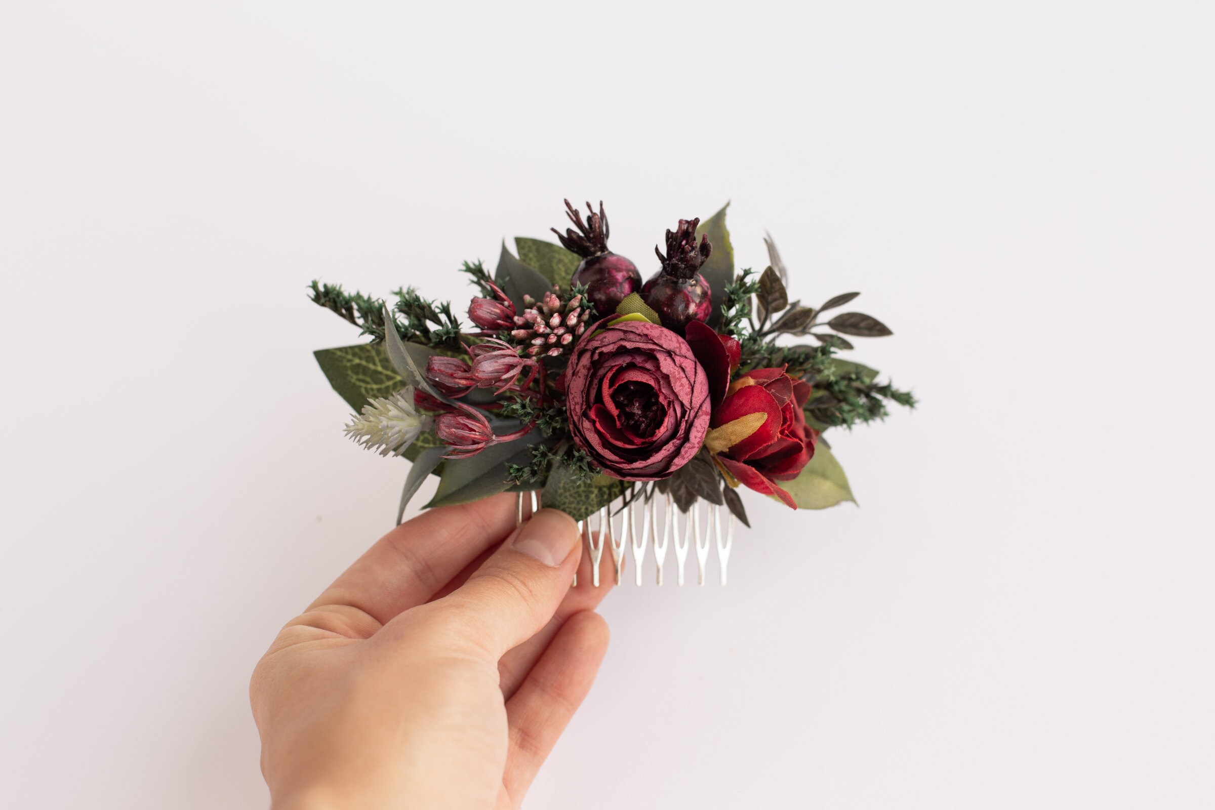 Burgundy Flower Comb, Wedding Hair Comb, Deep Red Flower Comb, Rustic ...