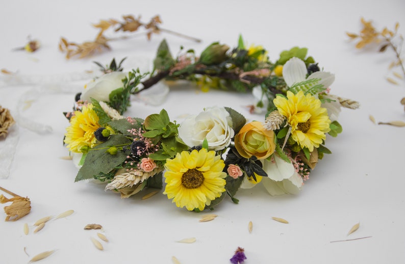 Rustic flower crown Woodland crown Yellow country wedding | Etsy