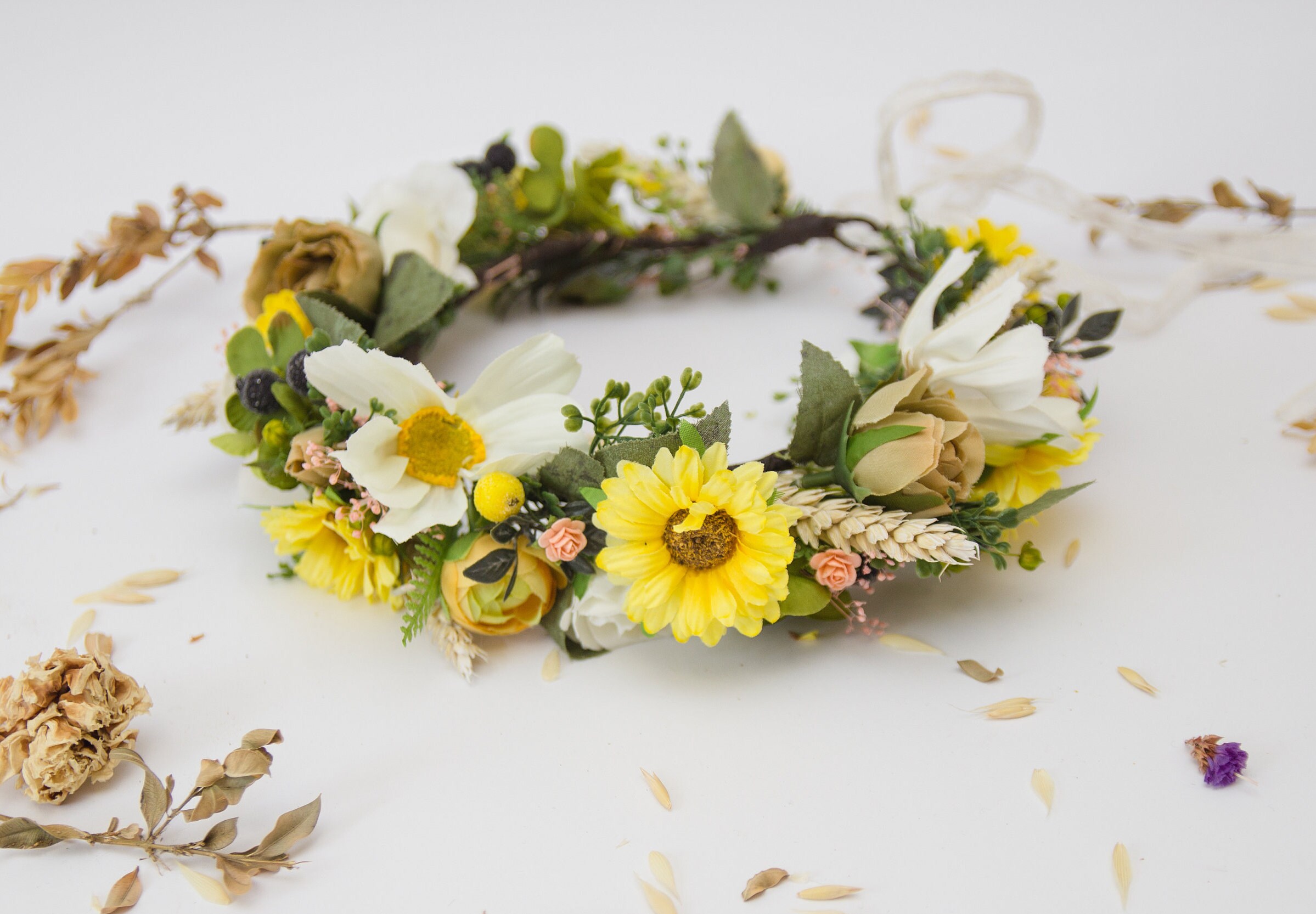Rustic flower crown Woodland crown Yellow country wedding | Etsy