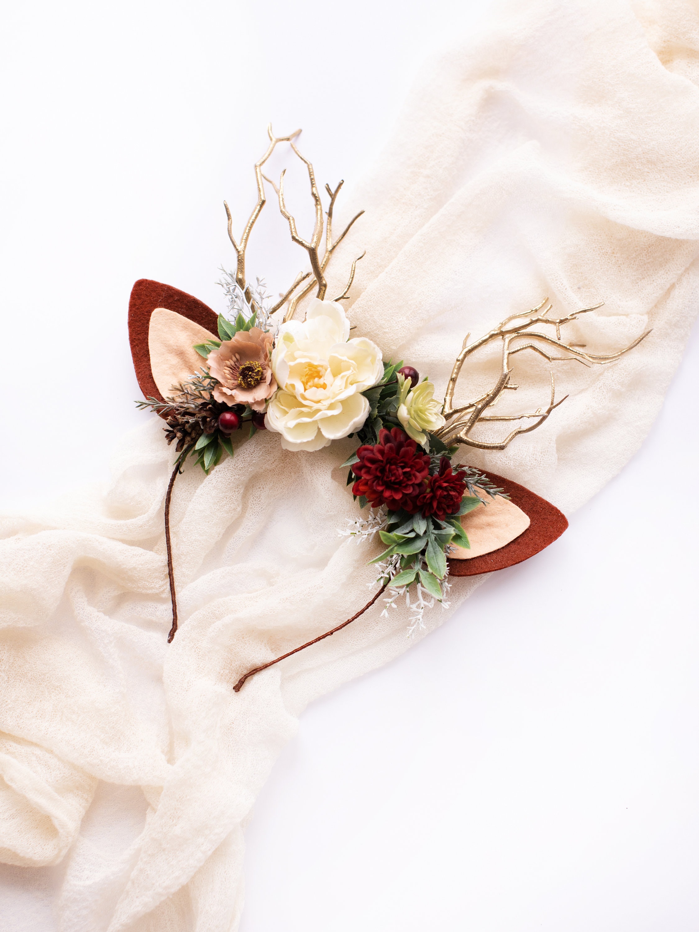 Burgundy Deer Headband, Winter Deer Ears Headband, Flower Deer Horns ...
