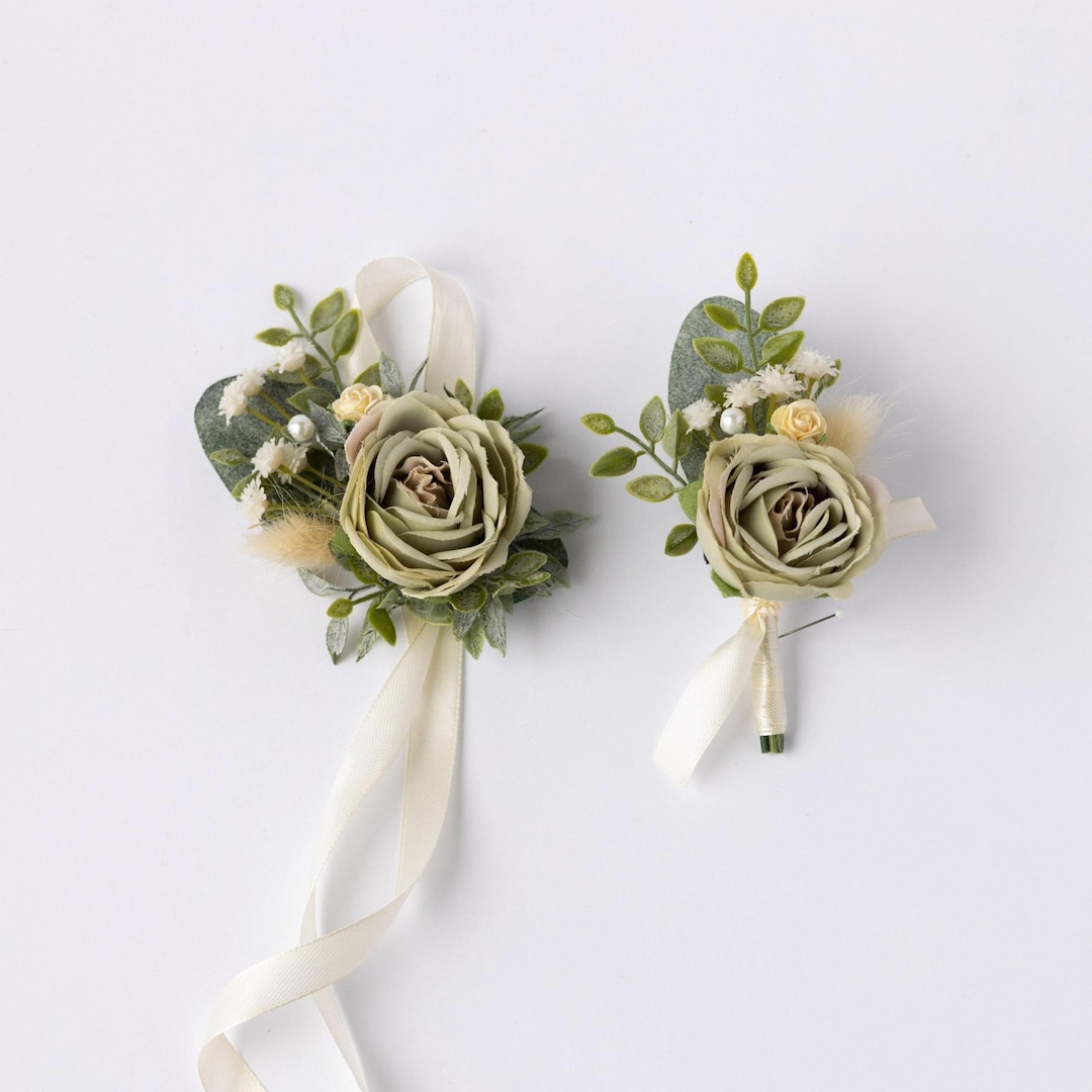 Sage Green Corsage and Boutonniere Set Rustic Wrist Corsage for Prom ...
