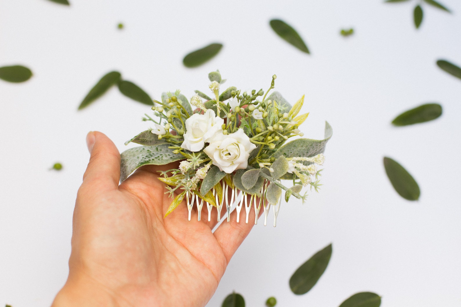 White Flower Comb Greenery Hair Comb Pale Green Comb Rustic - Etsy
