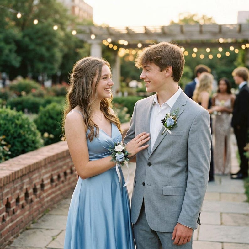 Light Blue Corsage and Boutonniere Set, Prom Wrist Corsage Bracelet ...