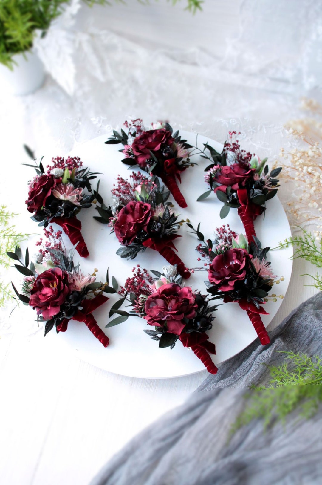 Flower Buttonhole, Burgundy Boutonniere, Groomsmen Buttonhole, Marsala ...