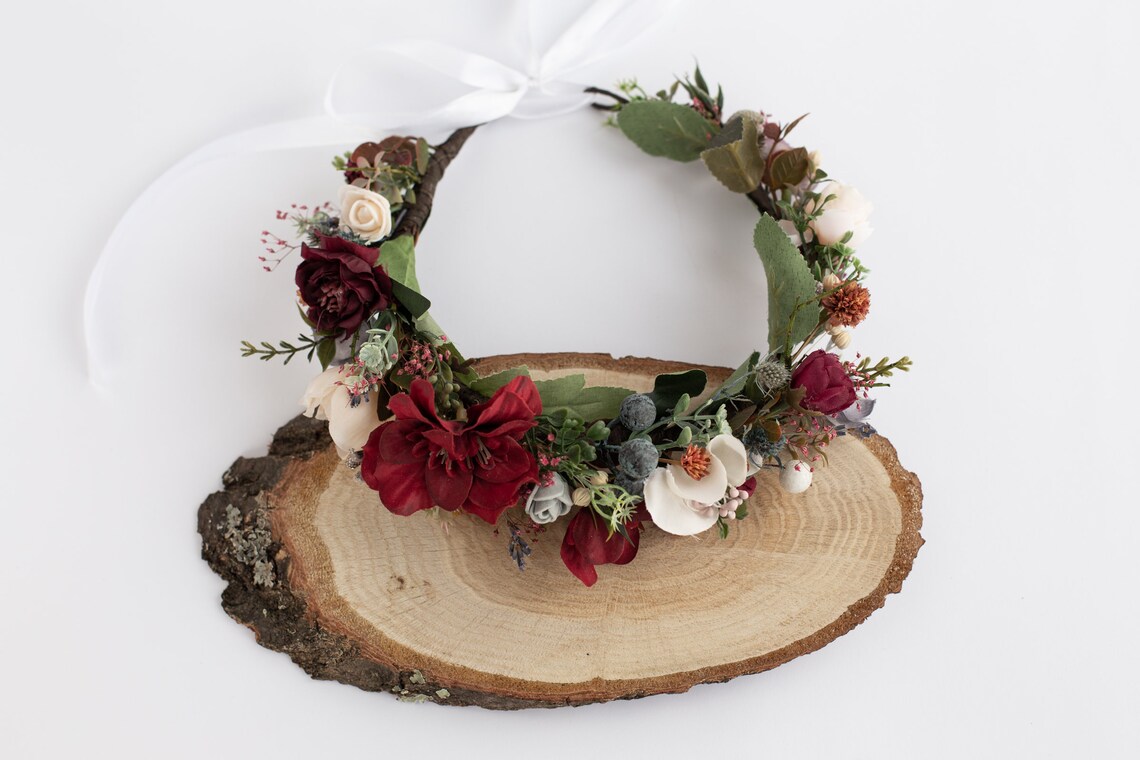 Burgundy Navy Flower Crown Rustic Flower Crown Burgundy | Etsy